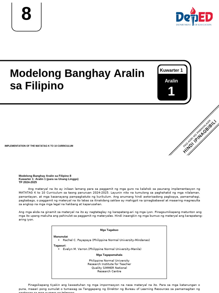 Q1 LE Filipino-8 Lesson-1 Week-1 | PDF