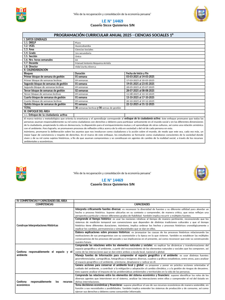 Programacion Anual 2025 - 1ro Secundaria CCSS | PDF | Sustentabilidad | Evaluación