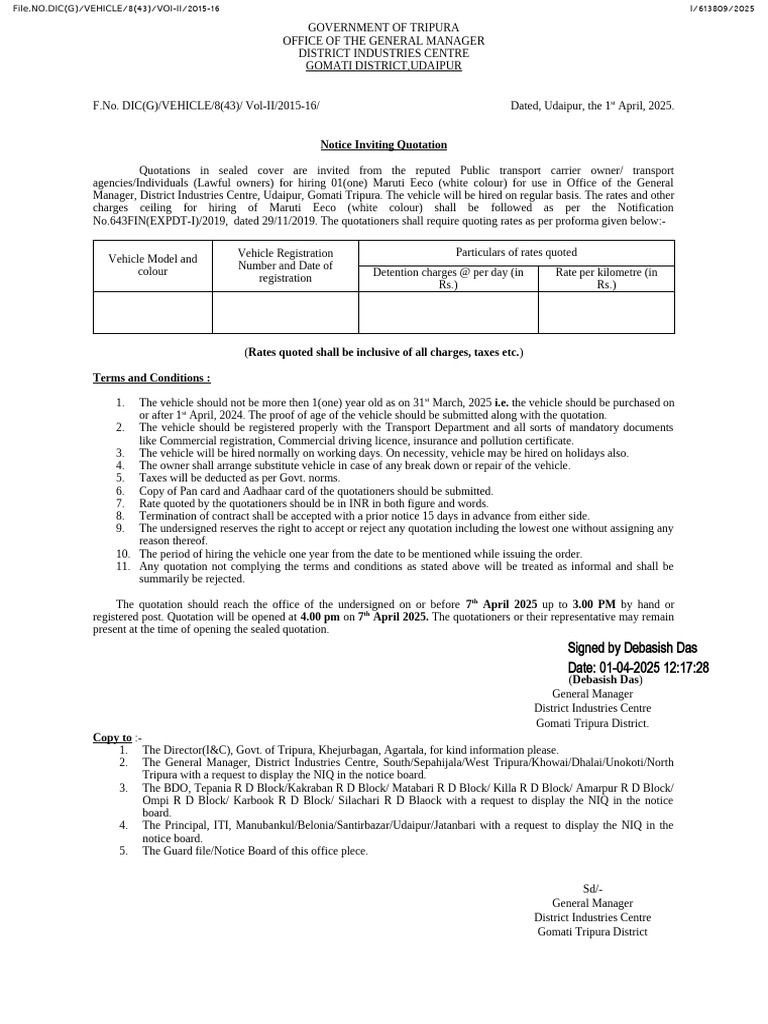 Quotation Notice for Maruti Eeco Hire | PDF