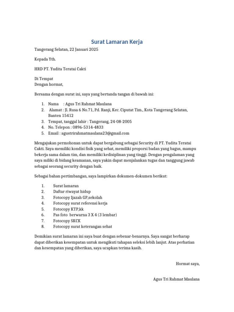 Surat Lamaran Security PT Yudita Teratai Cakti | PDF