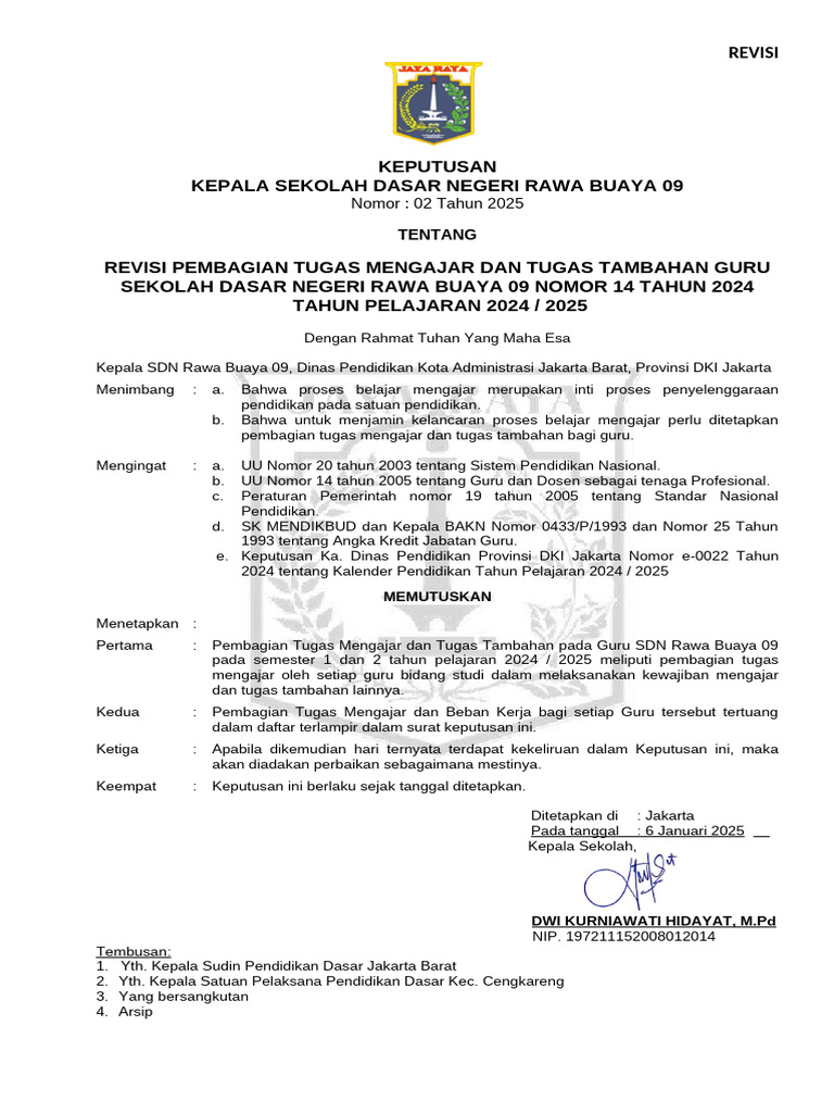 SK Pembagian Tugas Guru 2024-2025 RB 09 (Revisi) | PDF