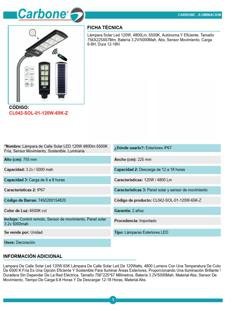 Lampara Led Prow PLR 120W Solar 6500 | PDF