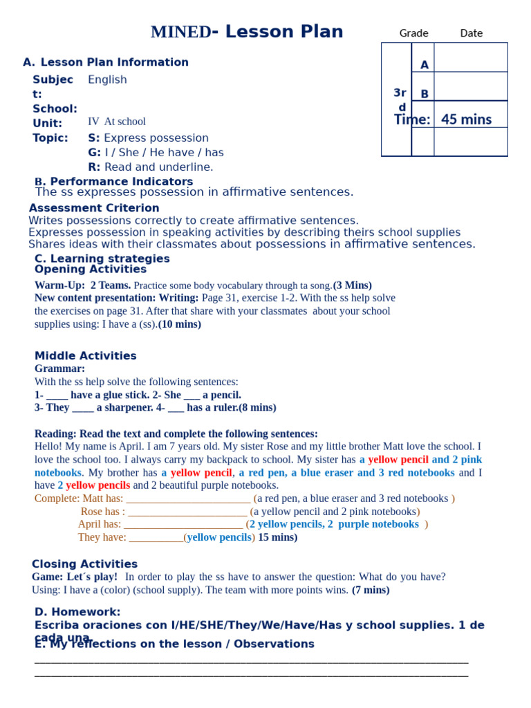 Lesson Plan: Expressing Possession | PDF | Human Communication | Learning