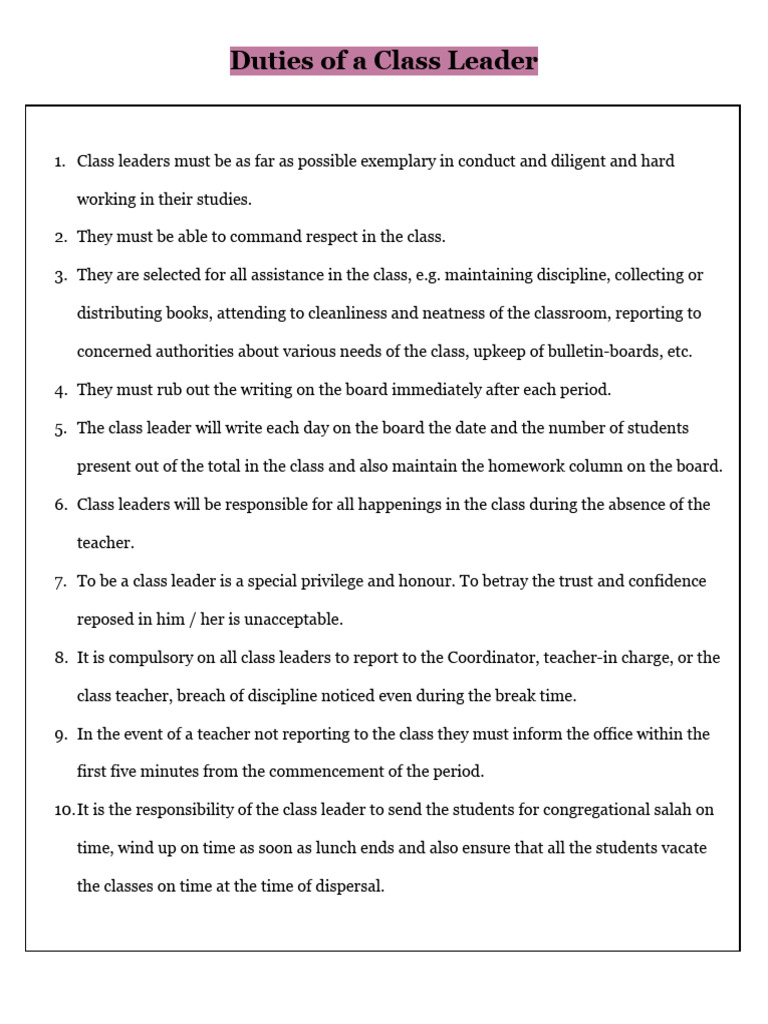Class Leader Responsibilities Explained | PDF