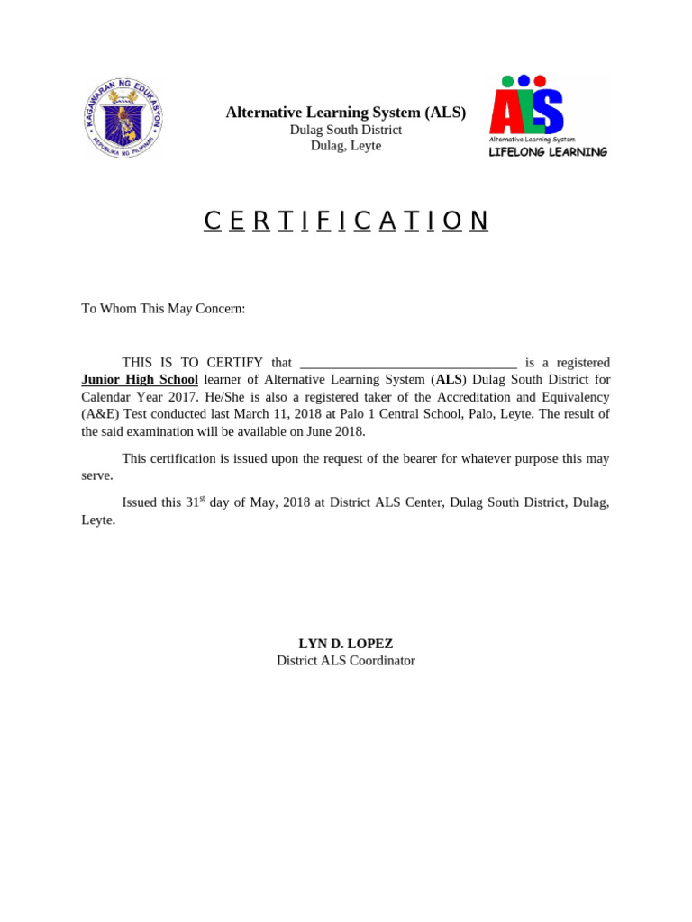 ALS Certification for Junior High Learner | PDF