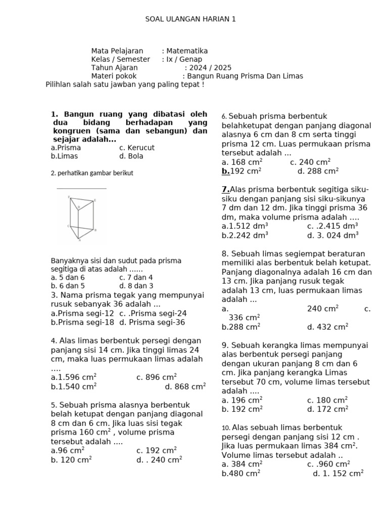 Soal Uh 1 Prisma Dan Limas | PDF