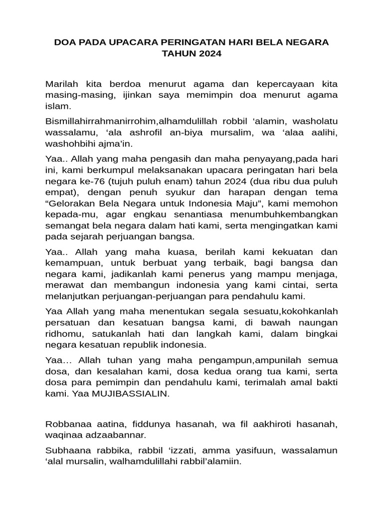 Doa Pada Upacara Peringatan Hari Bela Negara Tahun 2024 | PDF
