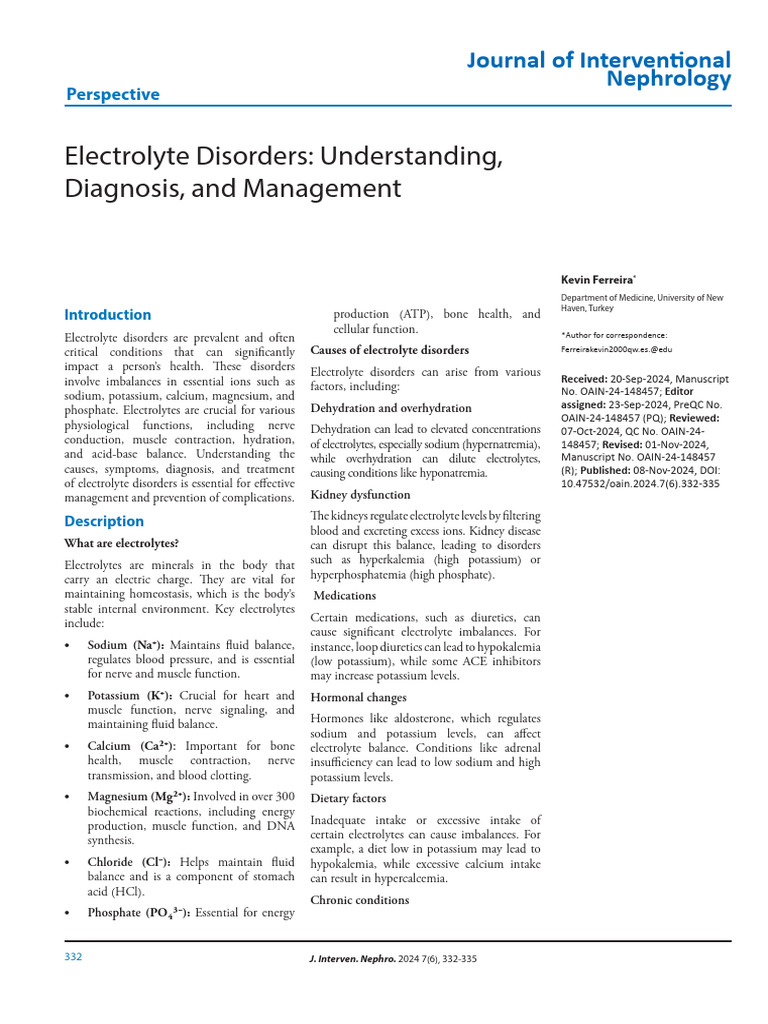 Electrolyte Disorders Understanding Diagnosis and Management | PDF | Electrolyte | Diseases And ...