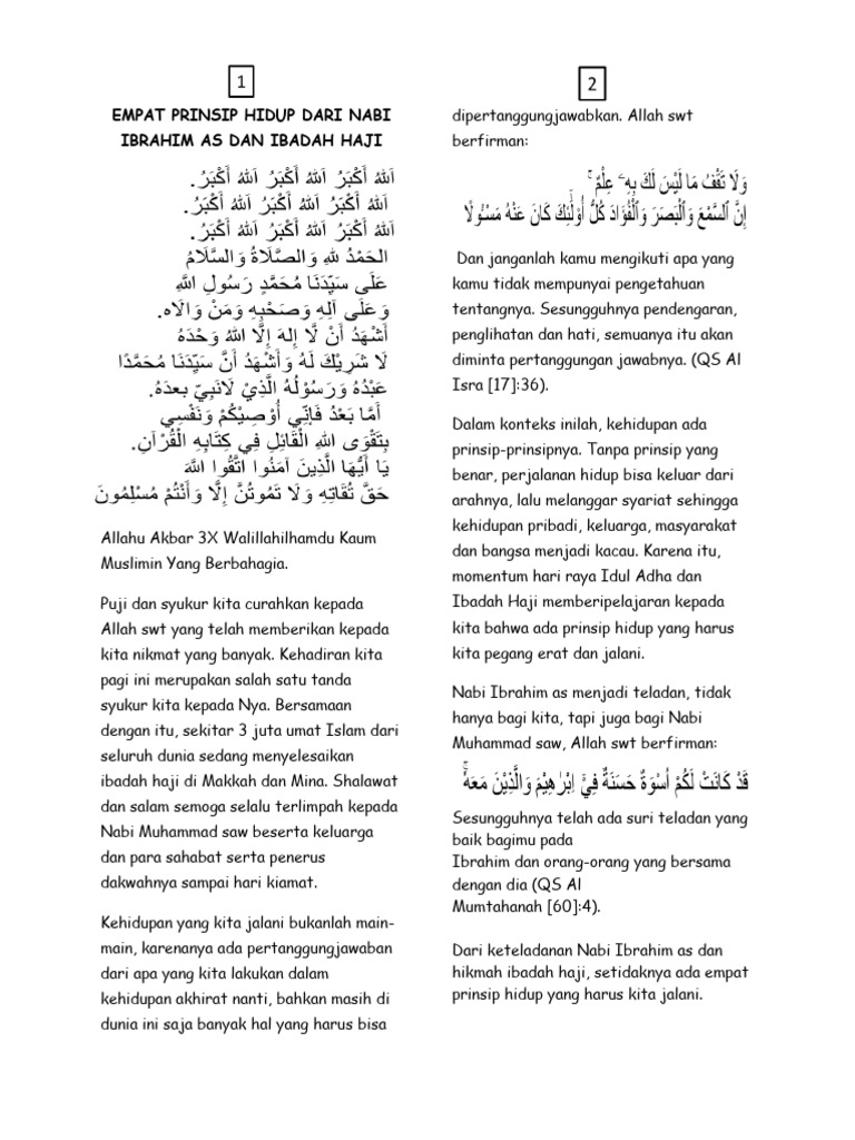 Asman Khutbah Idul Adha 1446 H Empat Prinsip Hidup Dari Nabi Ibrahim As Dan Ibadah Haji | PDF