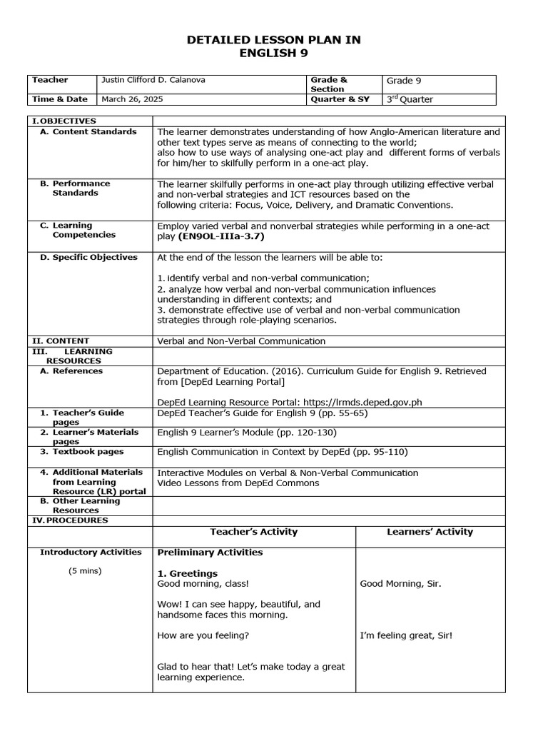 English 9 Lesson Plan: Communication Skills | PDF | Nonverbal ...