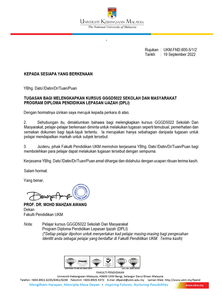 Permohonan Kerjasama Bagi Tugasan DPLI 2025 | PDF