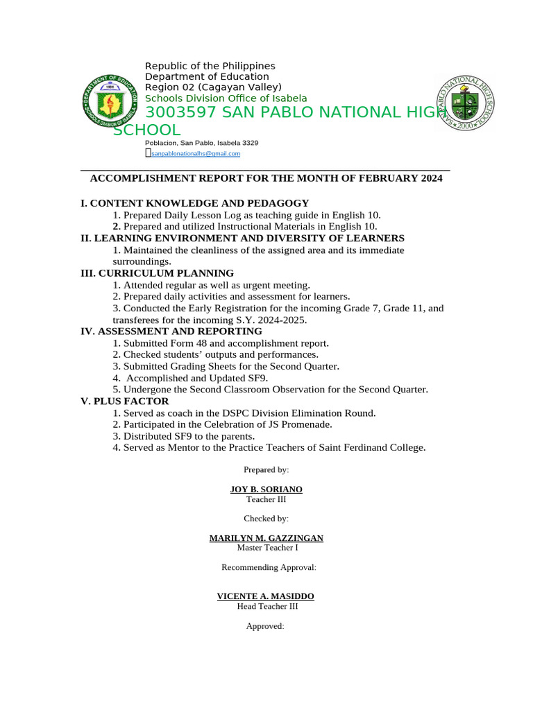 Accomplishment Report for Teachers 2024 | PDF | Teachers | Pedagogy