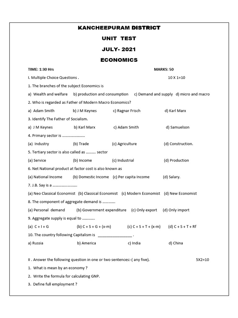 Grade 12 Economics Unit Test 2021 | PDF | Economics | Macroeconomics