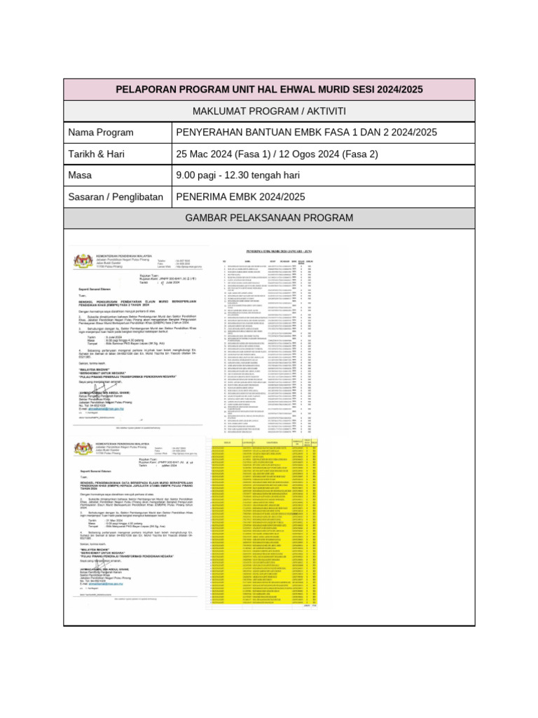 Pelaporan Program Unit Hal Ehwal Murid Sesi 2024 - 2025 | PDF