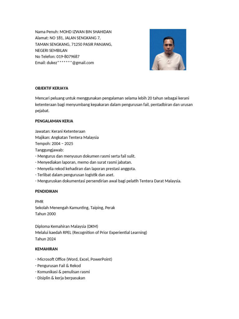 Resume Mohd Izwan Terkini Dengan Gambar | PDF