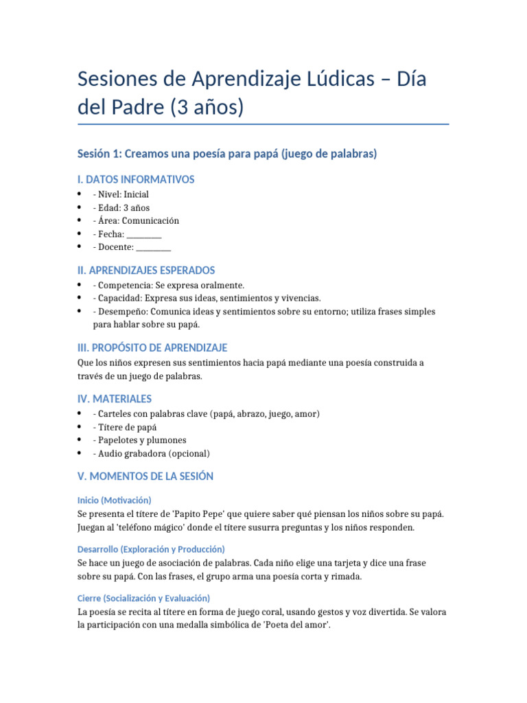 Sesiones Ludicas Dia Del Padre 3años | PDF | Canciones | Aprendizaje