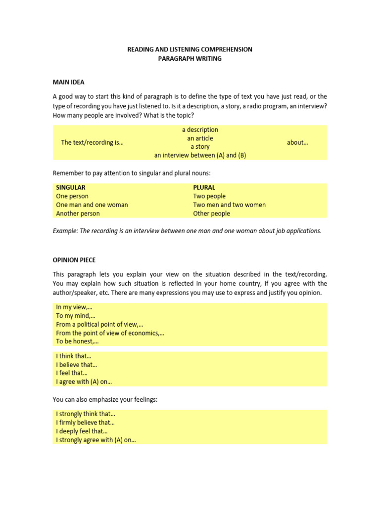 PARAGRAPH WRITING - Main Idea - Opinion Piece - Connectors | PDF ...