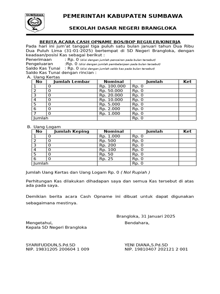 Berita Acara Cash Opname Sekolah | PDF