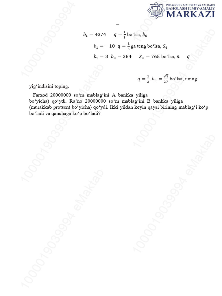 9 Sinf Umumta'lim Algebra IV Chorak BSB-7 I Variant | PDF