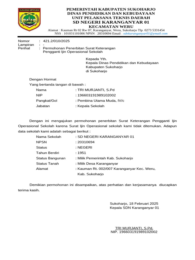 Contoh Permohonan Suket Ijin Operasional | PDF