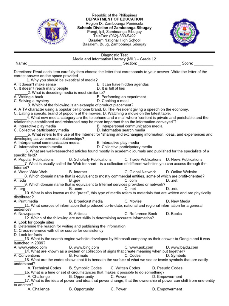 Grade 12 MIL Diagnostic Test | PDF | Cybercrime | Phishing