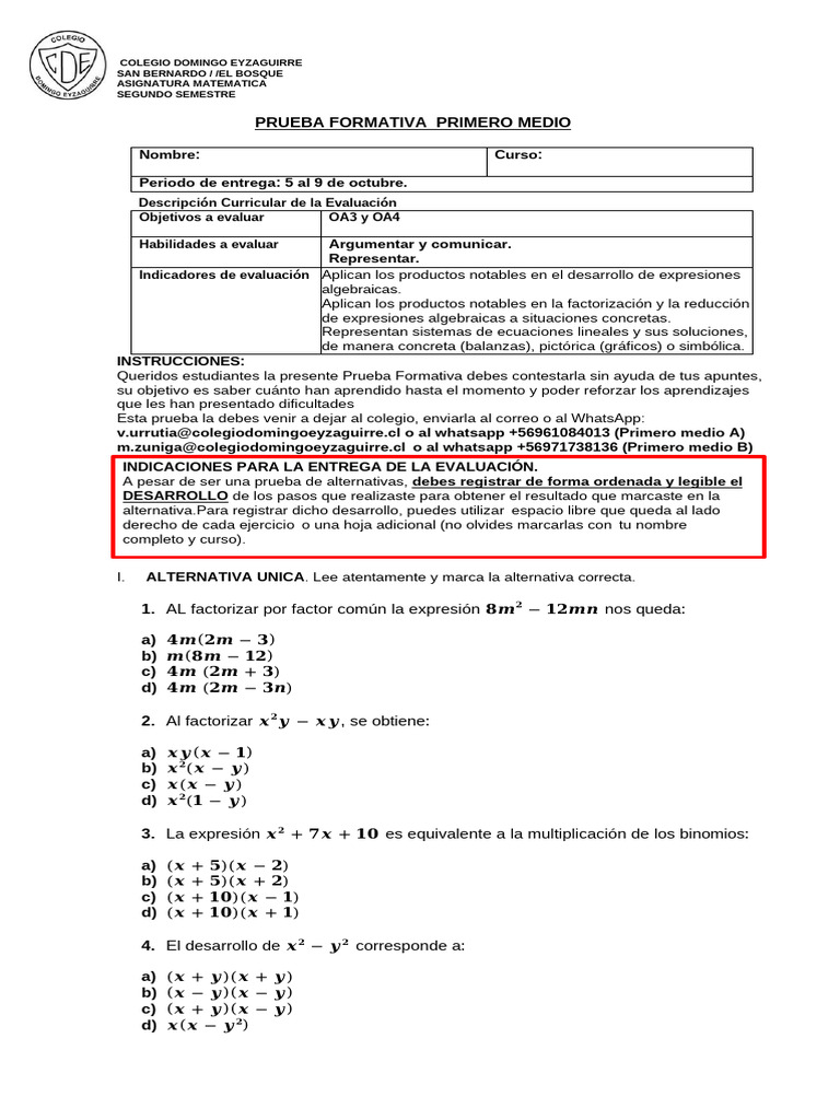 Prueba Formativa 2 Matematicas 1º Medio | PDF | Ecuaciones | Línea (geometría)