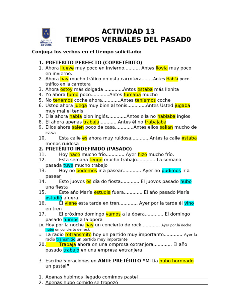 Actividad Tiempos Verbales Del Pasado | PDF