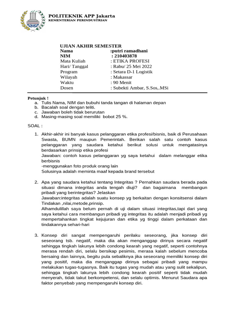 UAS Etika Profesi, Mei 2022 Puri Ramadhani D1 POLTEK APP | PDF