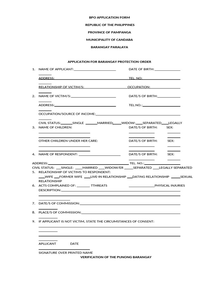 Bpo Application Form Kagawad Tess | PDF