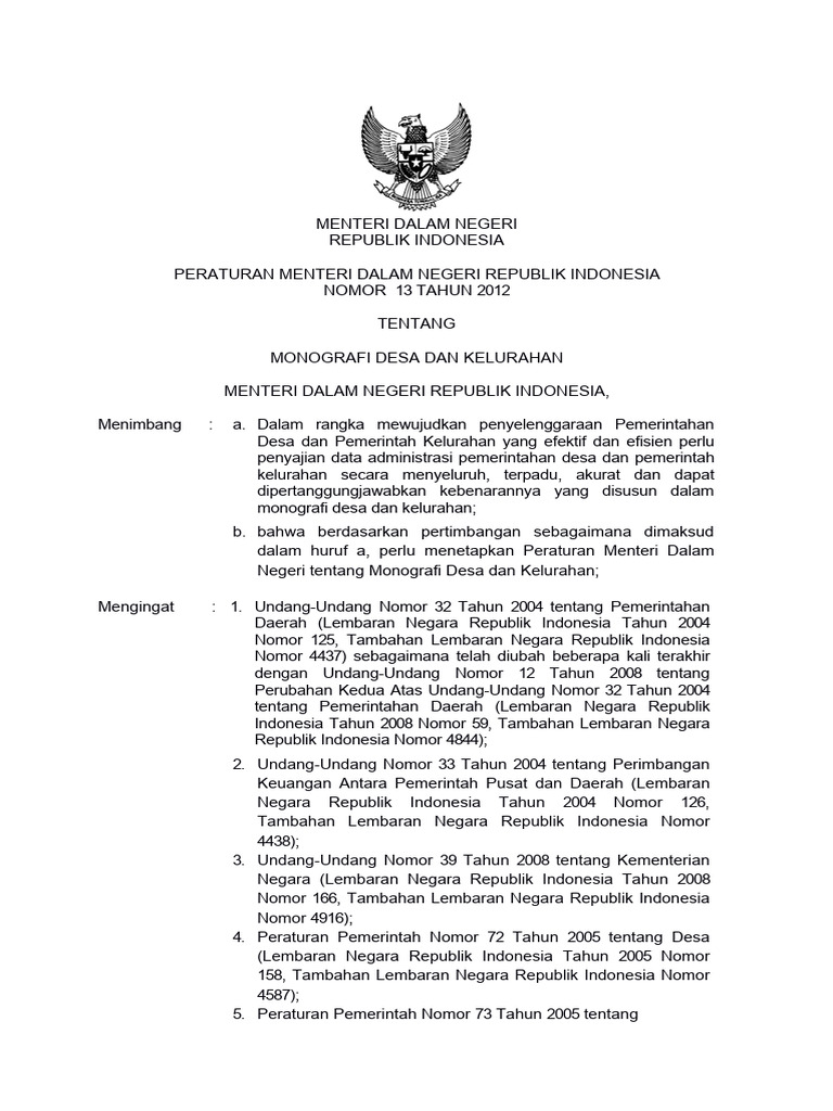 Peraturan Monografi Desa dan Kelurahan | PDF