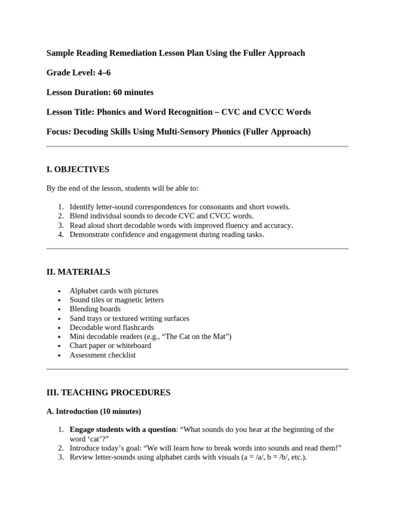 Sample Reading Remediation Lesson Plan Using The Fuller Approch | PDF ...