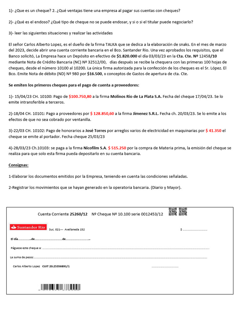 Cheques Ejercicios 5to 5ta | PDF | Cheque | Bancos