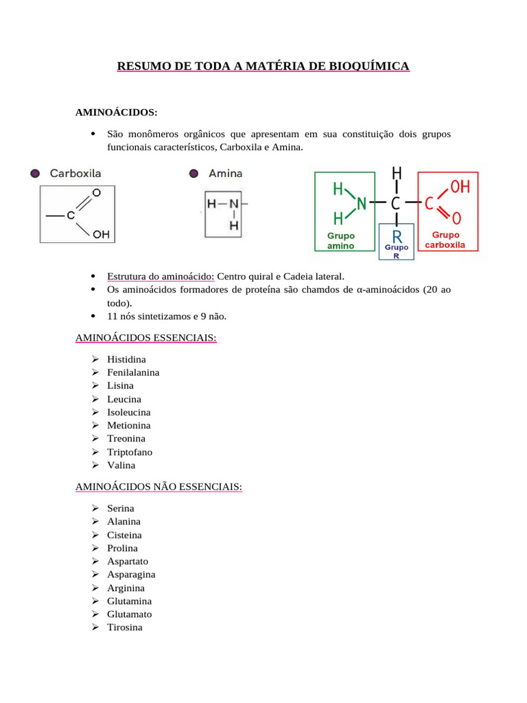 Resumo de Toda A Matéria de Bioquímica | PDF | Aminoácido | Enzima