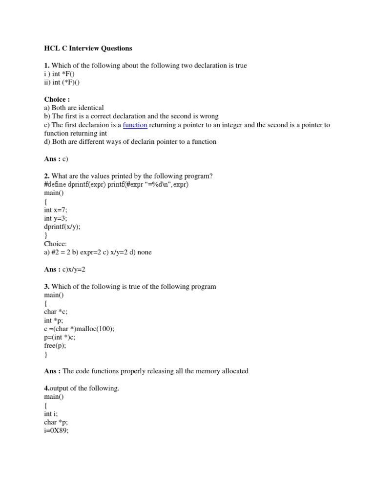 Hcl C Interview Questions Pdf C Programming Language Pointer Computer Programming
