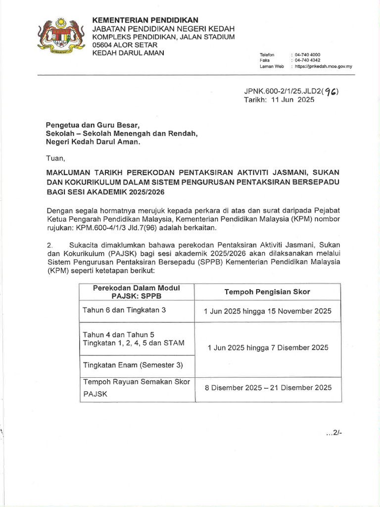 Makluman Tarikh Perekodan Pentaksiran Aktiviti Jasmani, Sukan Dan | PDF