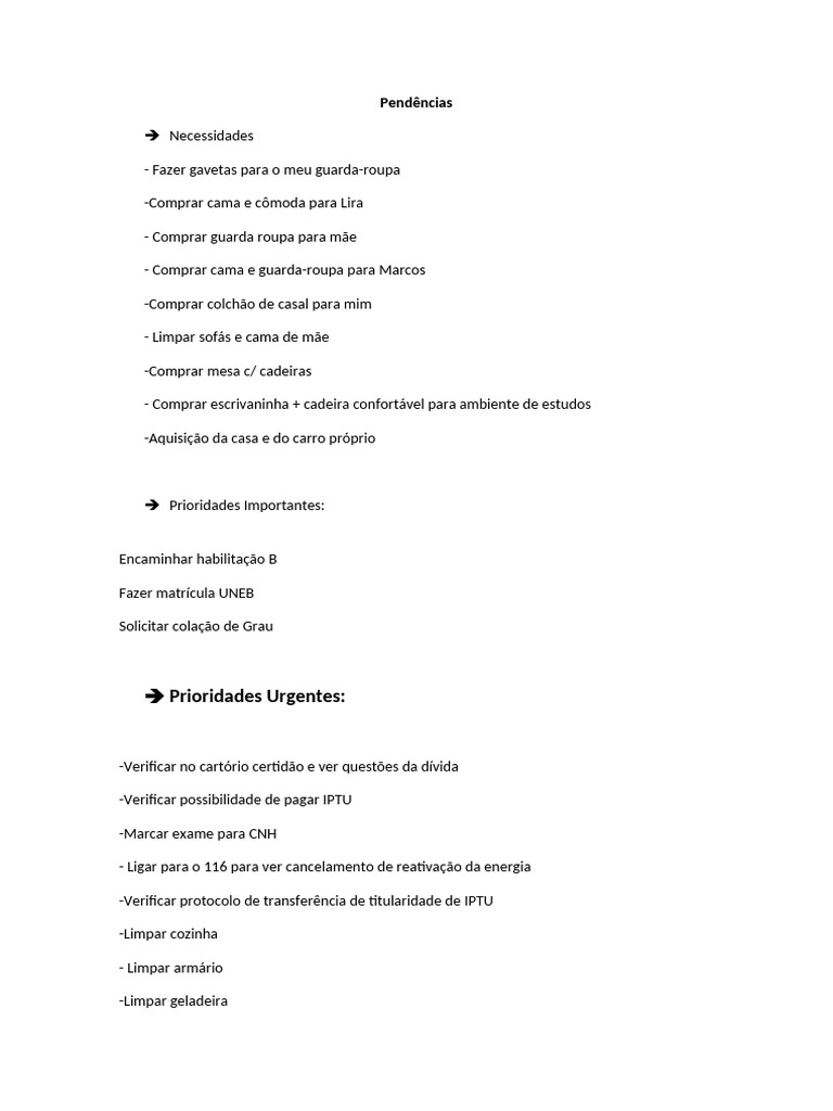 Lista de Pendências e Prioridades Urgentes | PDF