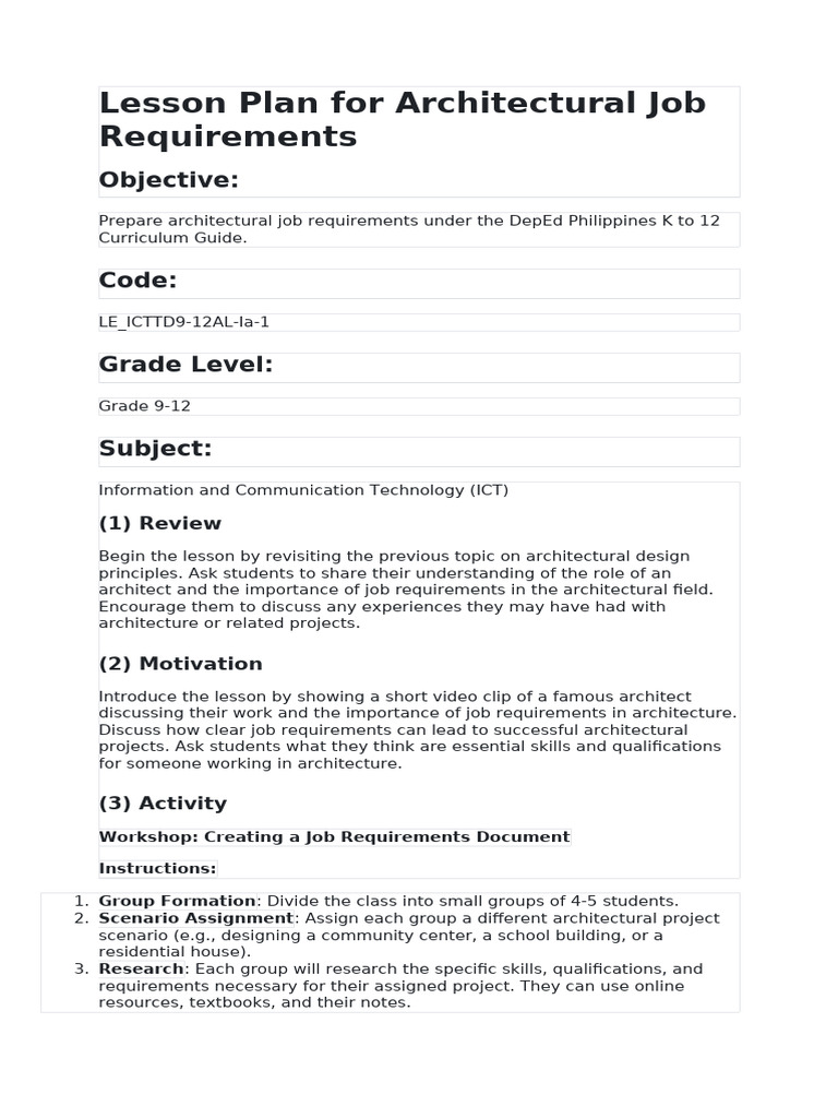 Lesson Plan For Architectural Job Requirements | PDF | Lesson Plan | Skill