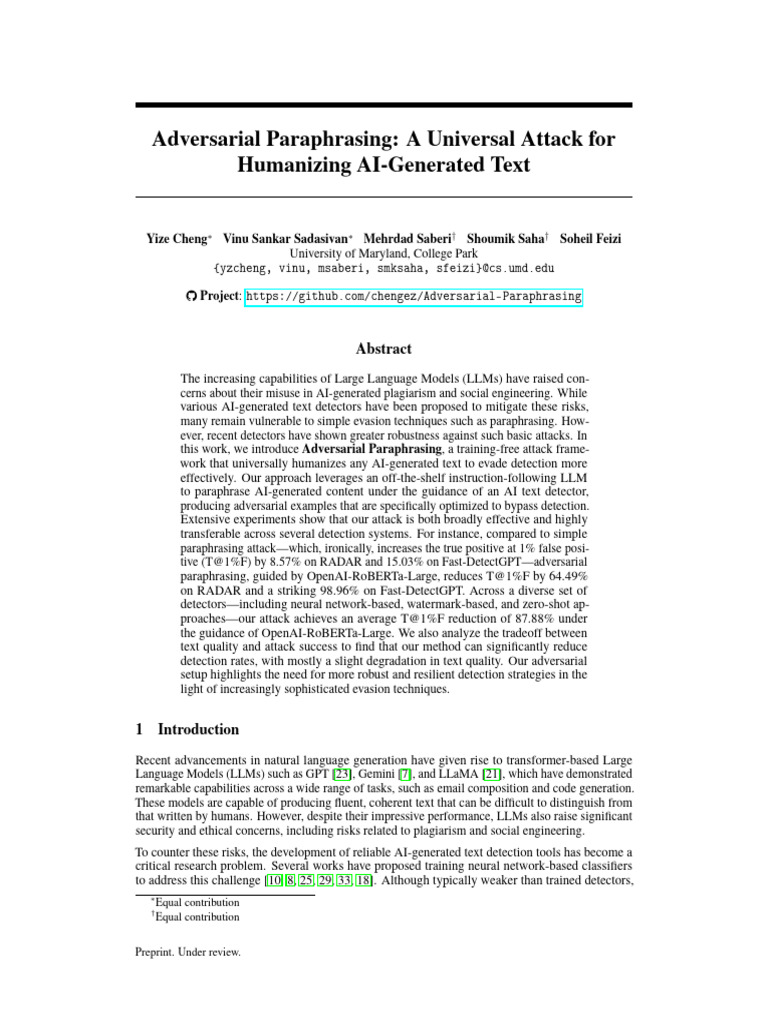 Adversarial Paraphrasing: A Universal Attack For Humanizing AI ...