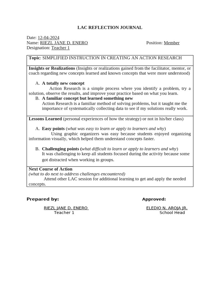 Lac Reflection Journal Sample | PDF | Mentorship | Learning