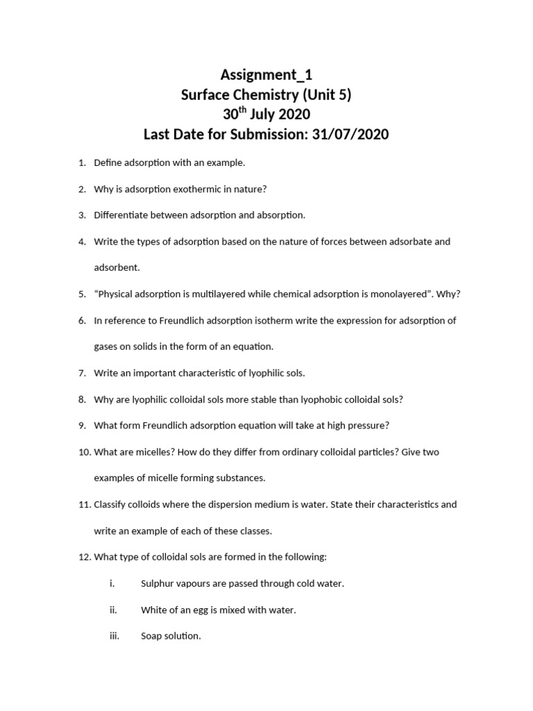 Assignment Surface Chemistry 3 | PDF