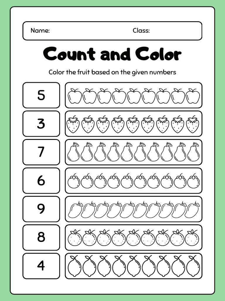 Green Simple Fruit Illustrated Mathematics Count and Color Worksheet | PDF