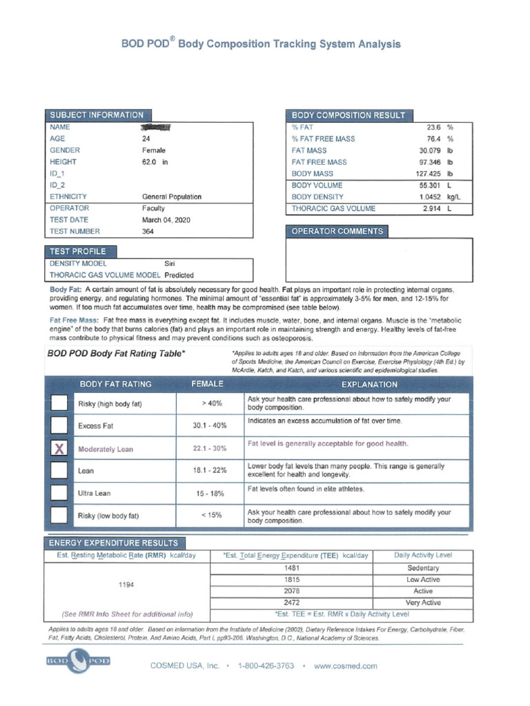 PHYG 49207 Lab #7 Bod Pod Information Sheet | PDF