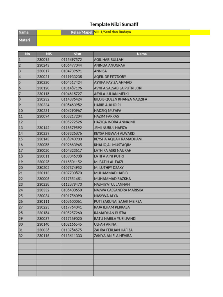 Template Nilai Sumatif-VIII.1-Seni Dan Budaya | PDF