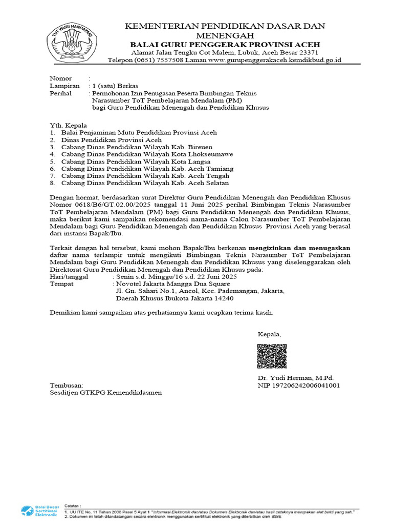 Permohonan Izin Penugasan Narsum Tot PM Dikmensus | PDF