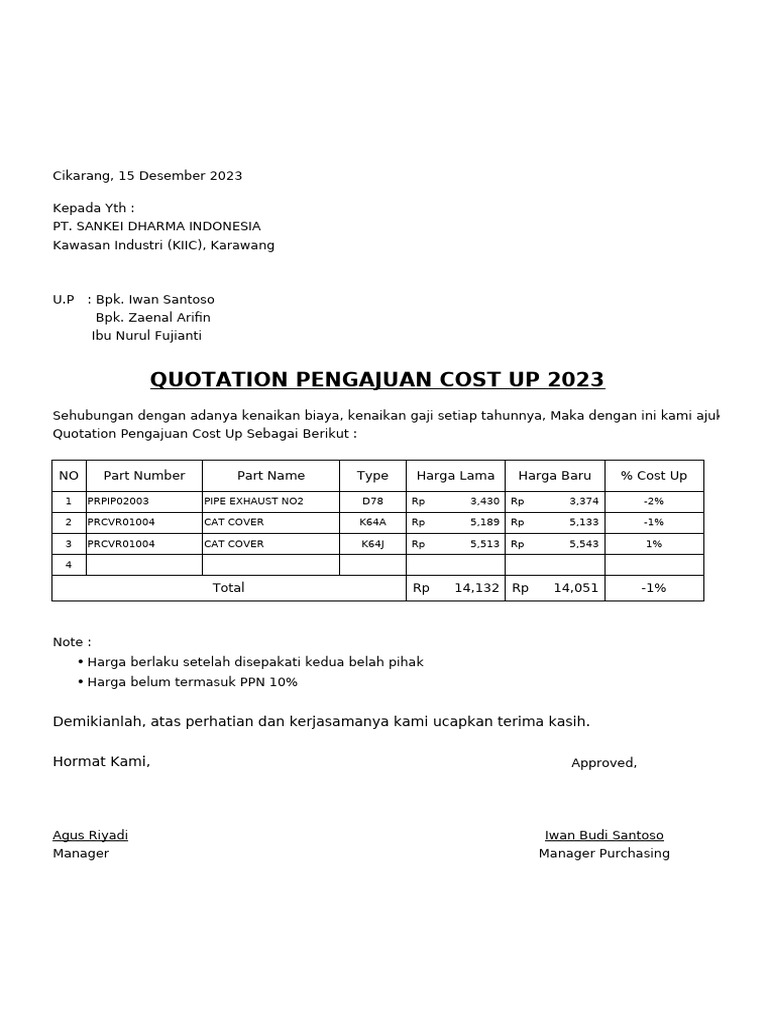 QTN Pengajuan Cost Up 2024 Body Outer | PDF | Business Process | Business