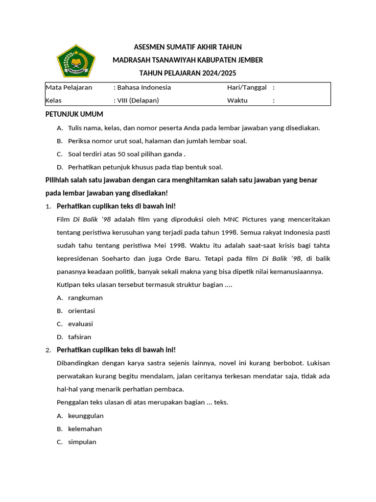Soal Asat 8 Bahasa Indonesia 2025 | PDF