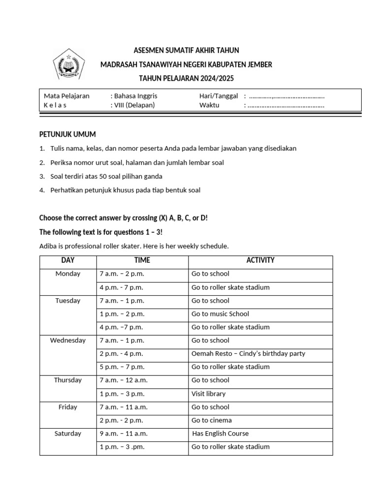 Soal Asat 8 Bahasa Inggris 2025 | PDF