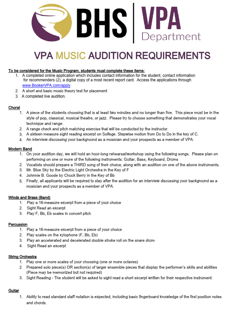 VPA Audition Requirements: Music | PDF | Audition | Performing Arts