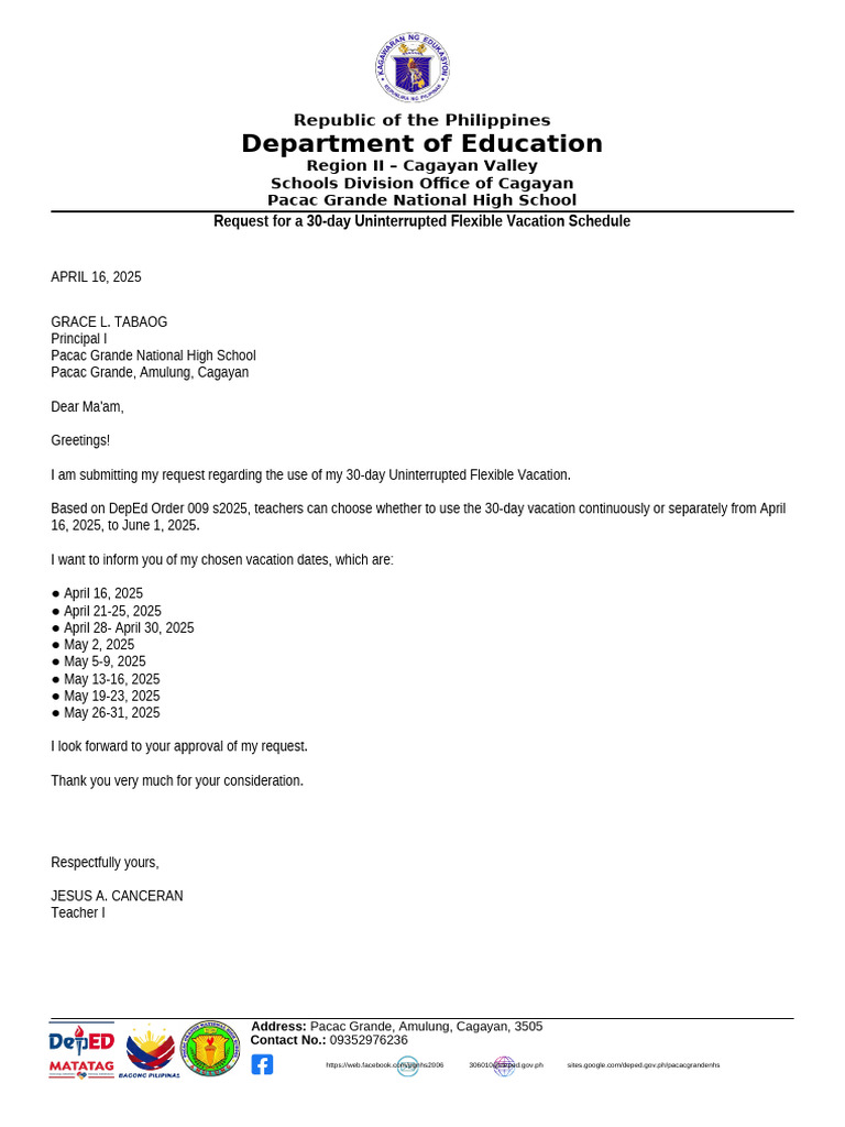 Letter of Intent for Vacation | PDF