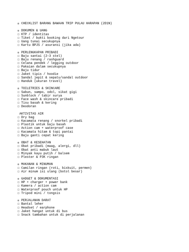 Checklist Perlengkapan Trip Pulau Harapan | PDF